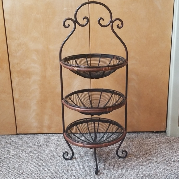 Vintage | Kitchen | Vintage Fruit Basket Stand Three Tier Metal Wood ...